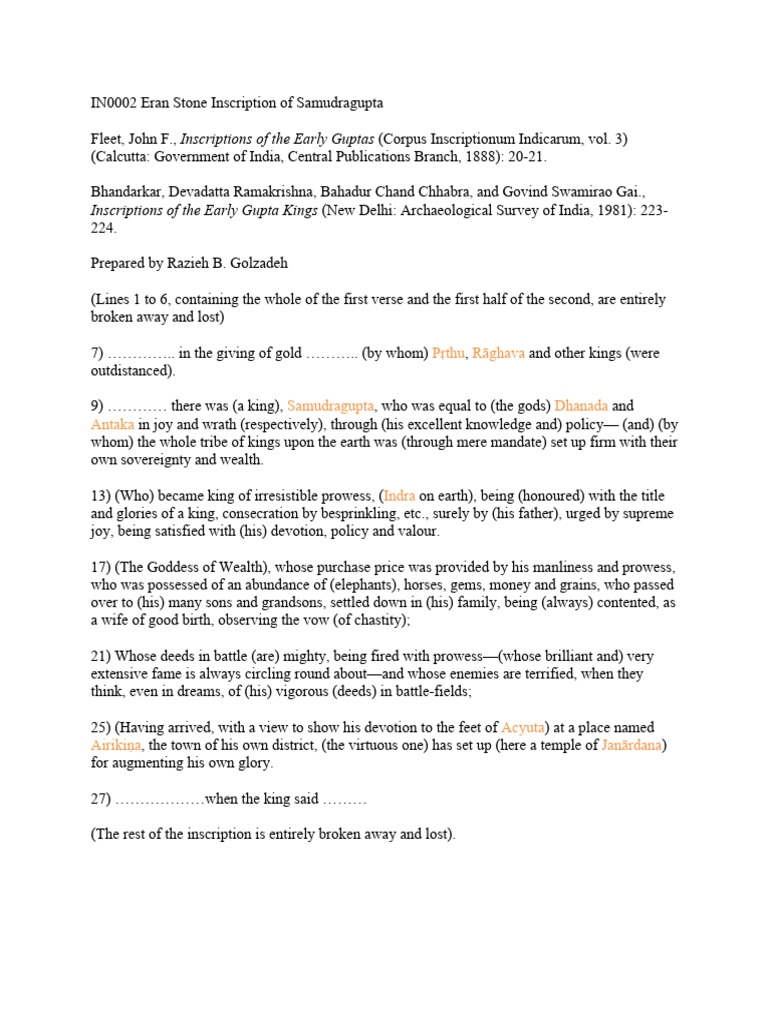 IN0002 Eran Stone Inscription of Samudragupta | PDF