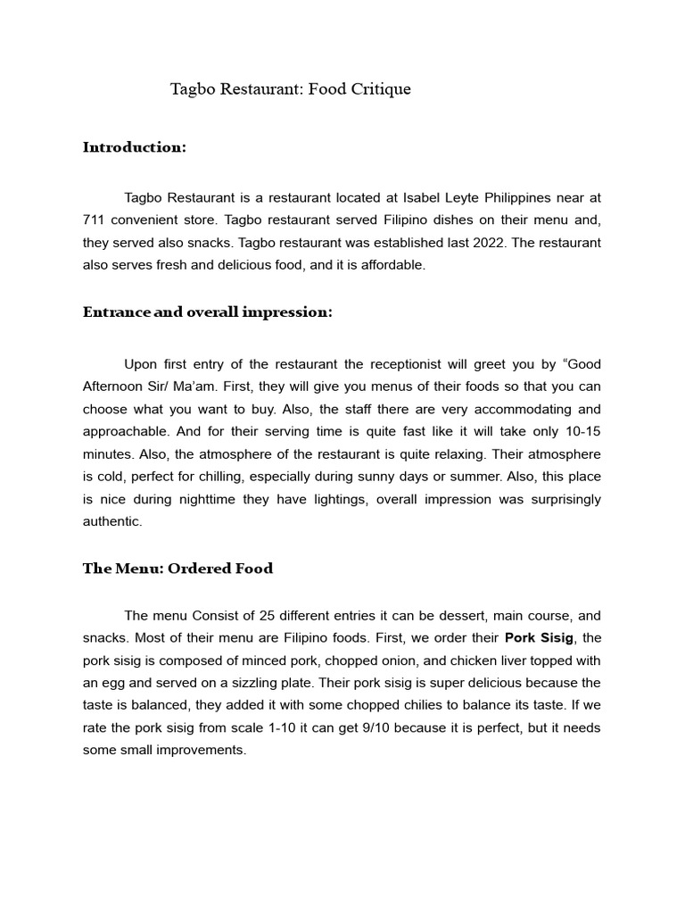 Food Critique | PDF | Menu | Restaurants