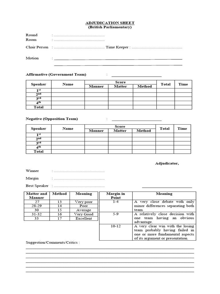 Adjudication Sheet (British Parliamentary) | PDF