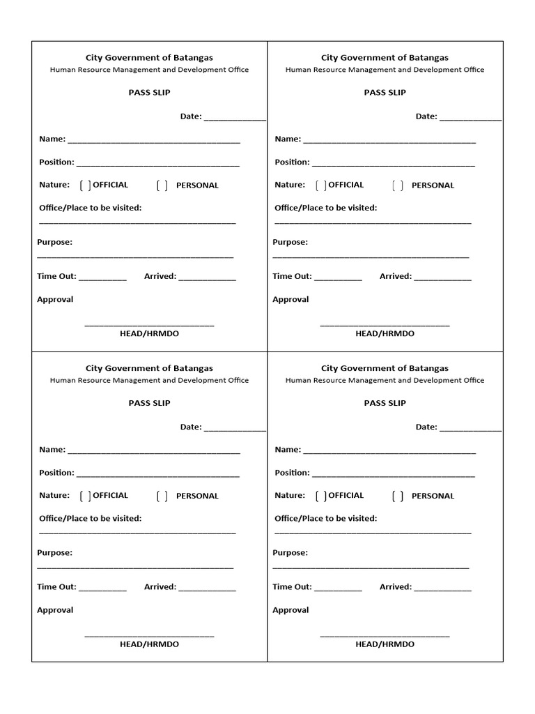 Batangas City HRMDO Pass Slip Template | PDF | Employee Relations | Writing