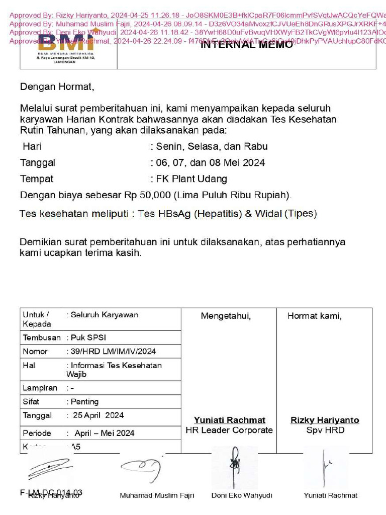 Internal Memo Pelaksanaan Tes Kesehatan Rutin TH 2024 | PDF