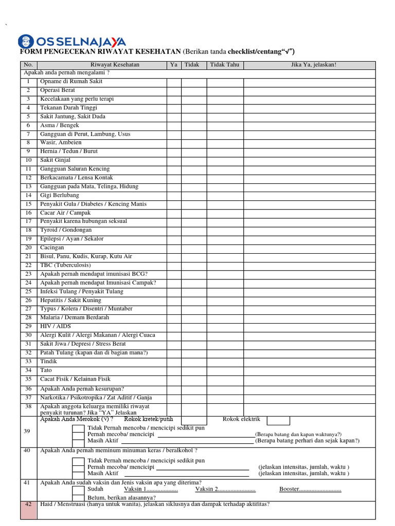 Formulir Riwayat Kesehatan Pasien | PDF