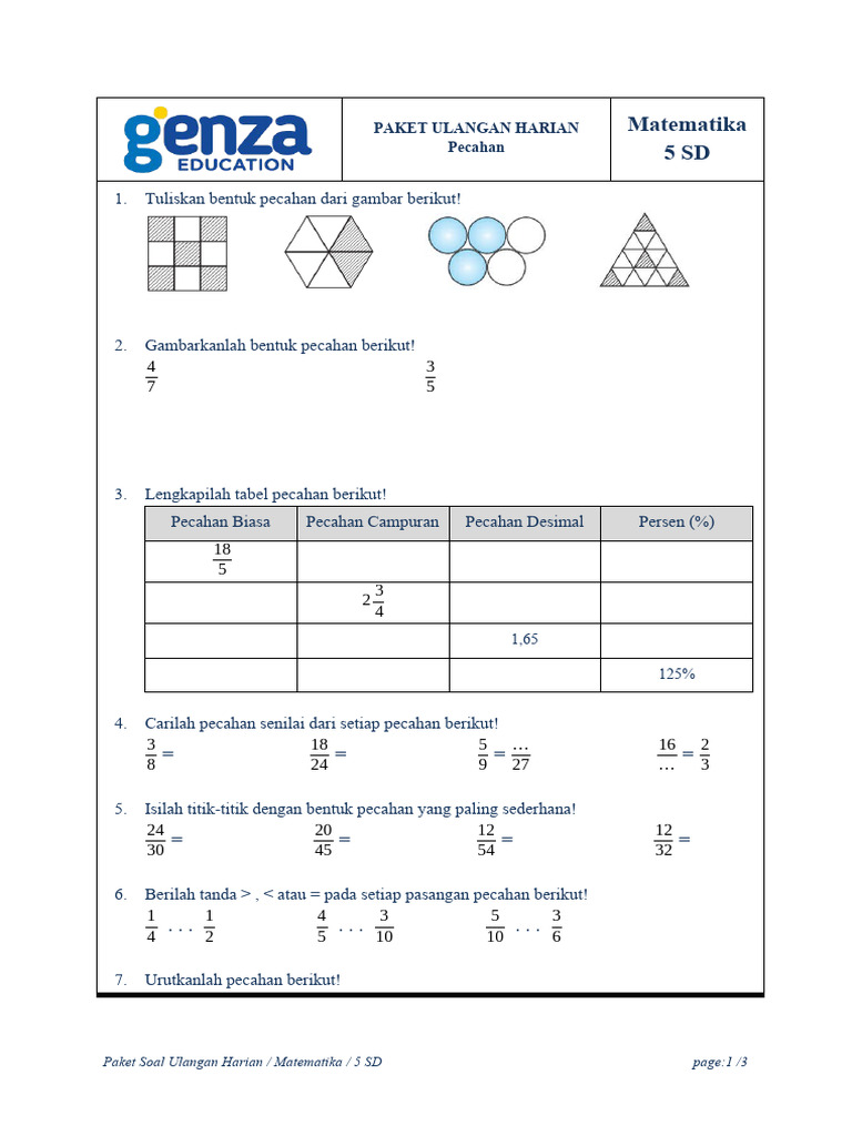Soal Ulangan Matematika Kelas 5 Bab Pecahan | PDF | Metode & Bahan Ajar