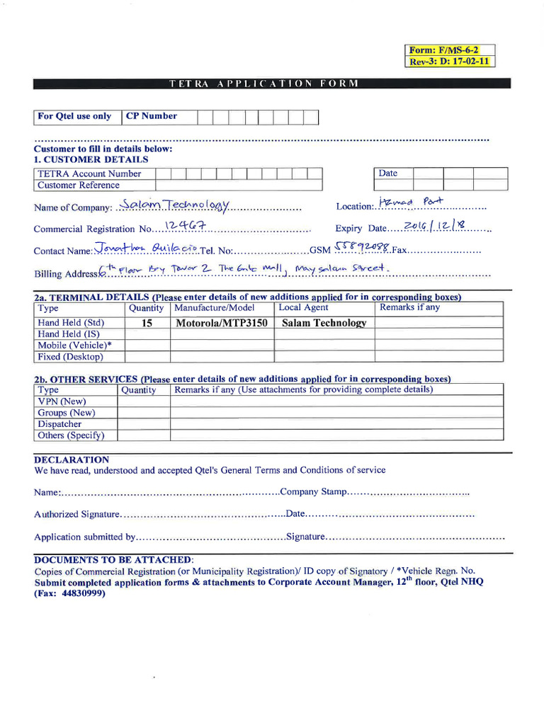 Filled TETRA Application Form | PDF