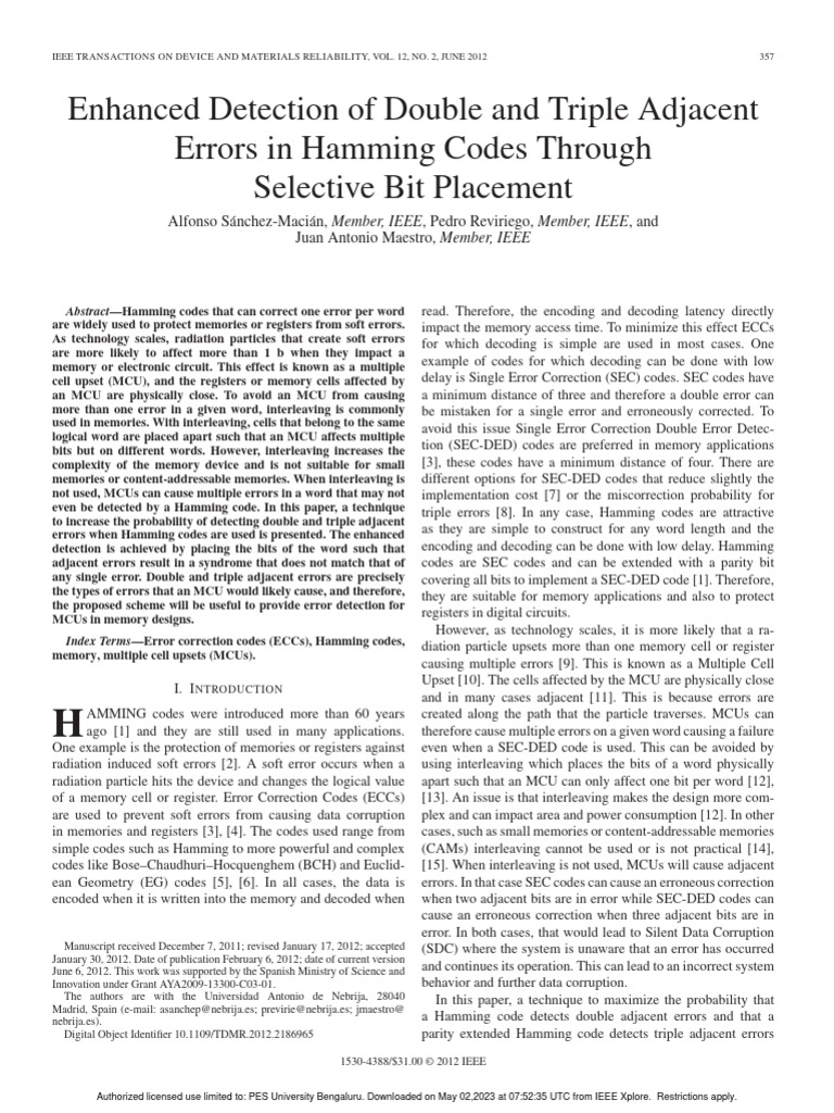 Enhanced Detection of Double and Triple Adjacent Errors in Hamming ...