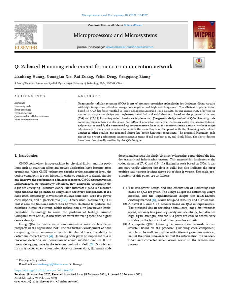 QCA-based Hamming Code Circuit For Nano Communication Network | PDF | Code | Computer Engineering