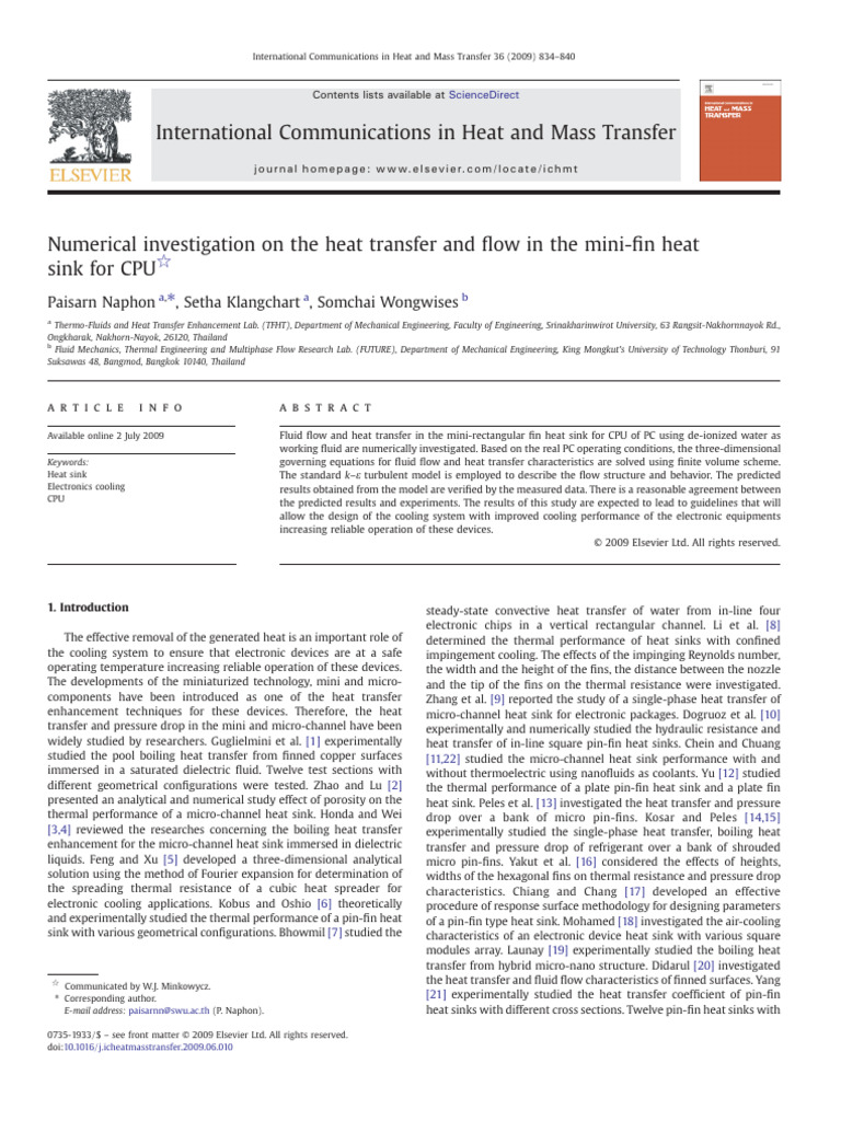Numerical Investigation On The Heat Transfer and Flow in The Mini-Fin ...