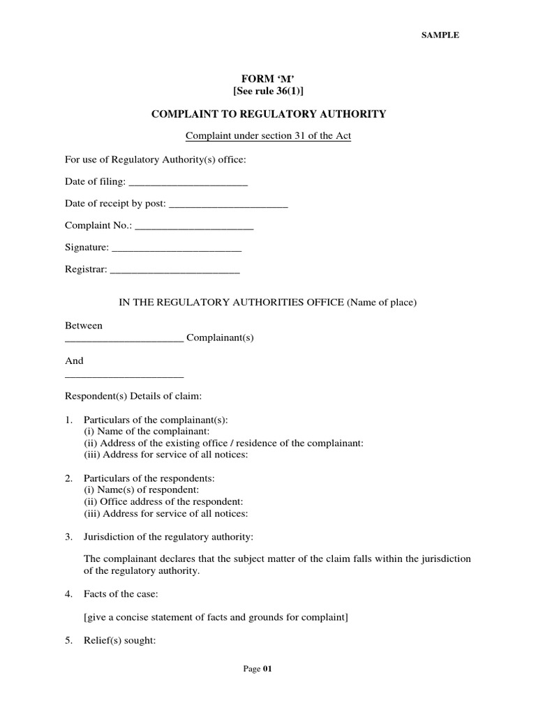 Complaint To Regulatory Authority Form M | PDF | Complaint | Plaintiff