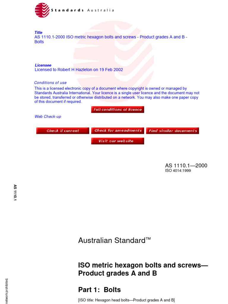 AS 1110.1-2000 ISO Metric Hexagon Bolts and Screws - Product Grades A ...