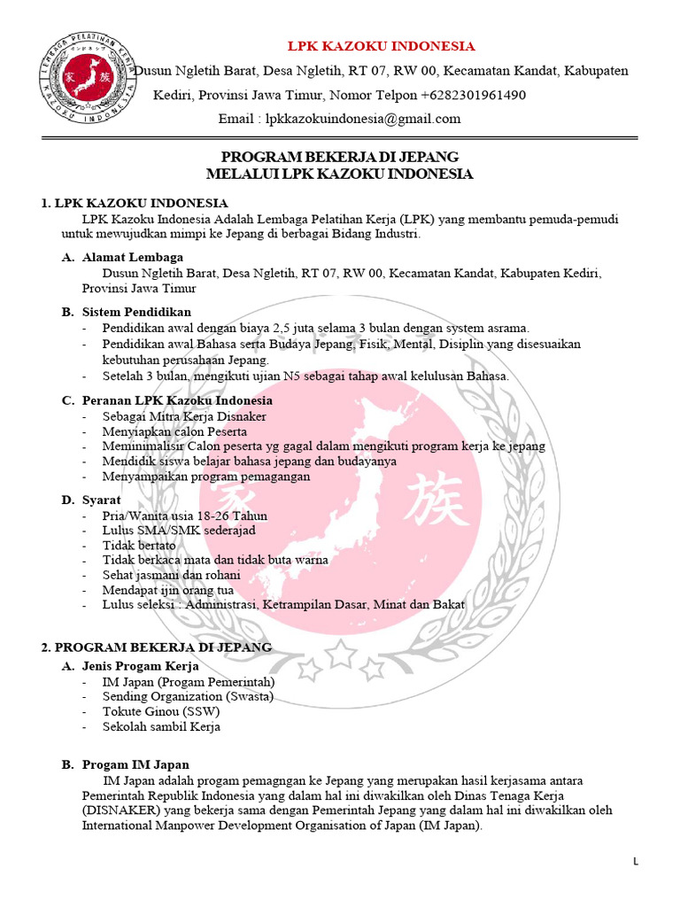 Program Bekerja Di Jepang Melalui LPK Kazoku Indonesia | PDF | Karier ...
