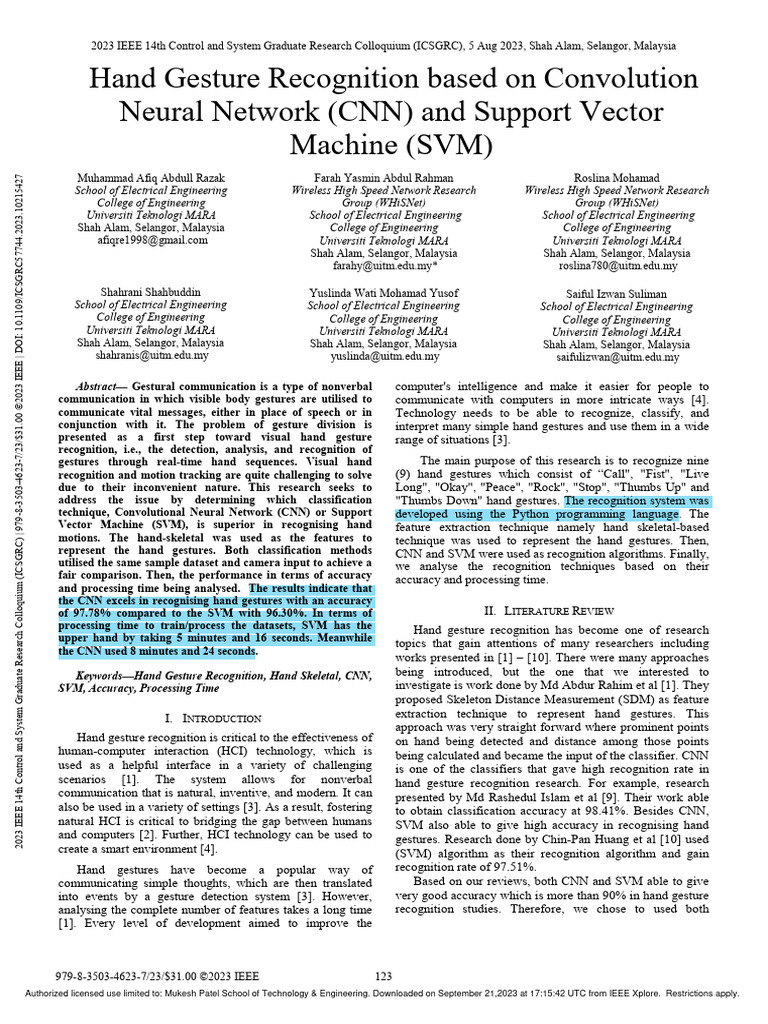 Hand Gesture Recognition Based On Convolution Neural Network CNN and Support Vector Machine SVM ...