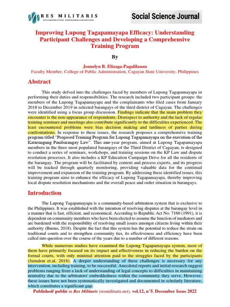 Improving Lupong Tagapamayapa Efficacy Understanding Participant ... Improving Lupong Tagapamayapa Efficacy Understanding Participant ...
