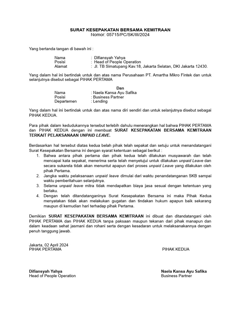 (Kemitraan) Surat Kesepakatan Bersama Unpaid Leave - Naela Kansa Ayu ...