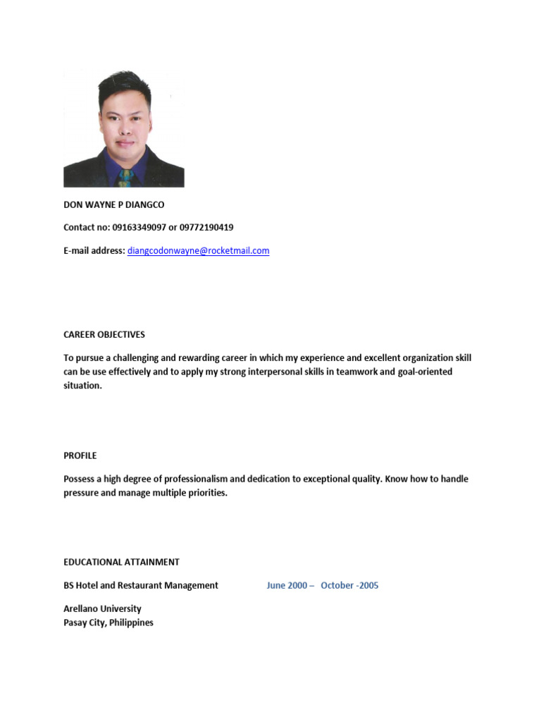 Don Wayne Diangco Resume | PDF | Coffee | Restaurants