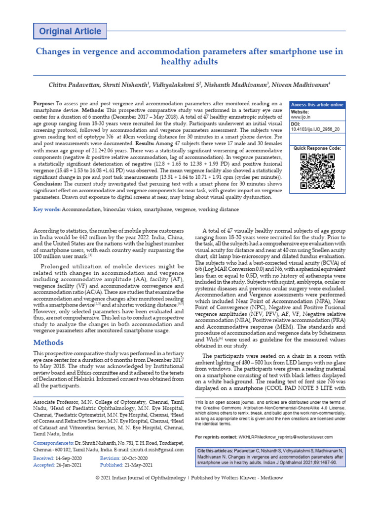 Changes in Vergence and Accommodation Parameters After Smartphone Use in Healthy Adults | PDF ...