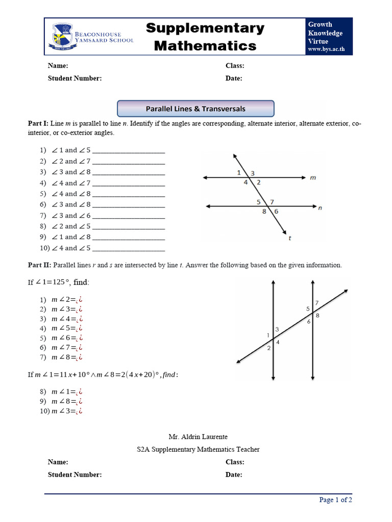 Transversal - Worksheet | PDF | Classical Geometry | Triangle Geometry