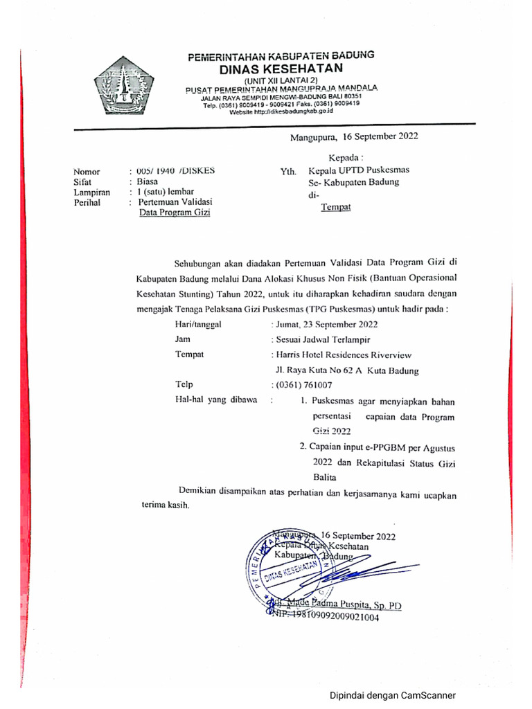 Surat Pertemuan Validasi Data Program Gizi | PDF