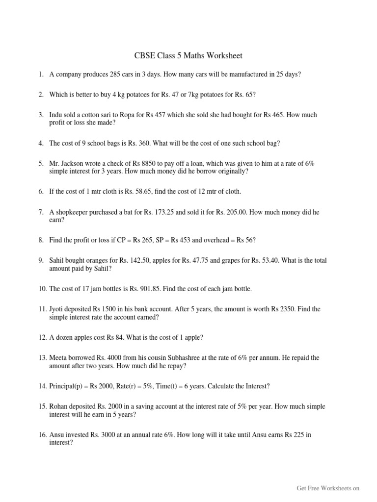 Class 5 CBSE Maths Worksheet | PDF | Interest | Investing