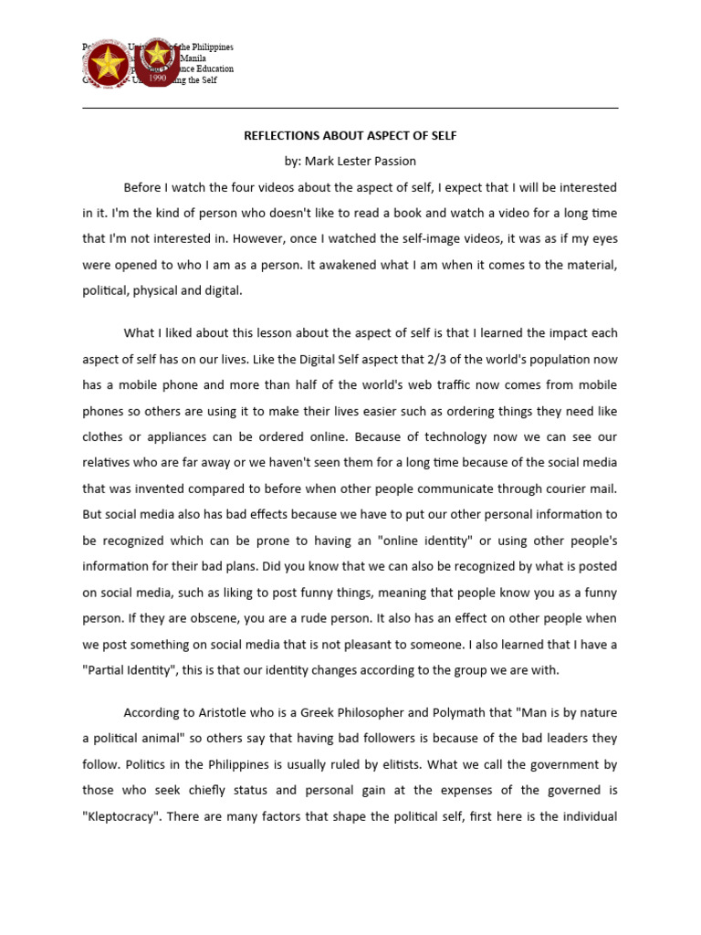 Passion, Mark Lester C. - Reflection Paper (GEED001 - UTS) | PDF | Self ...