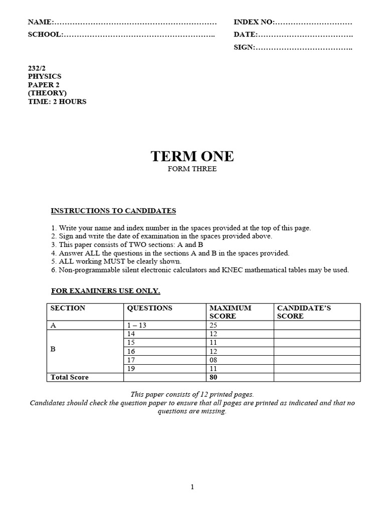 Physics P2 Form 3 2022 End Term 1 Teacher - Co - .Ke | PDF | Refraction | Capacitance