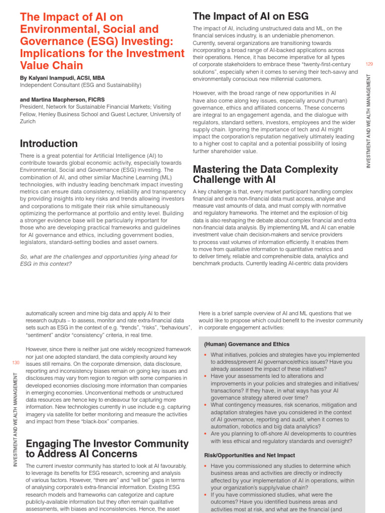 The Impact of AI on Environmental Social and Governance ESG Investing | PDF | Artificial ...