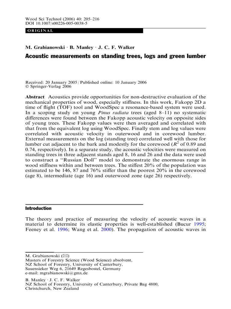Acoustic Measurements On Standing Trees Logs And Green Lumber Pdf Waves Lumber
