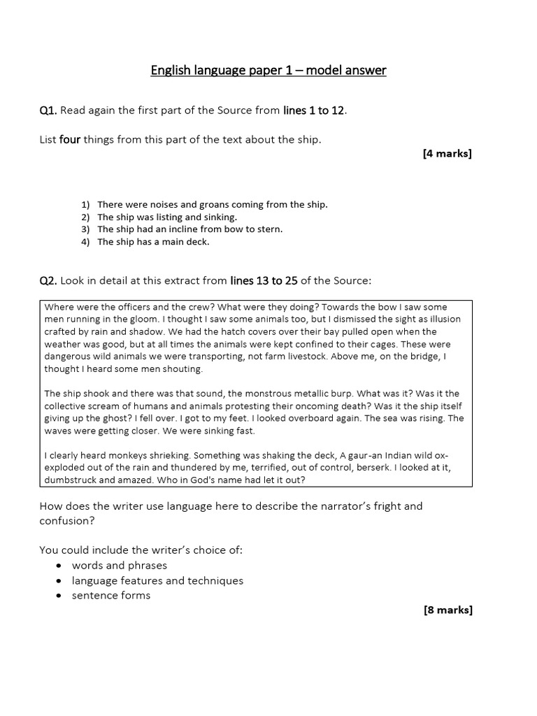 English Language Paper 1 - Model Answer | PDF | Narration