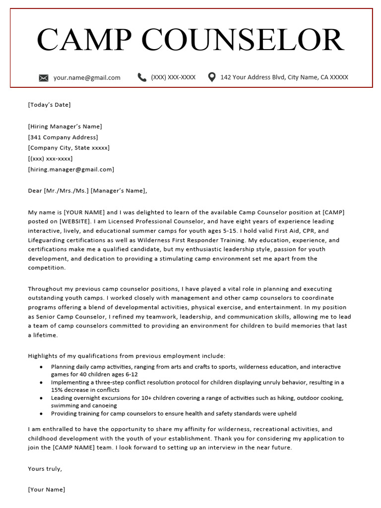 Camp Counselor Cover Letter Westminster - Red | PDF | Résumé