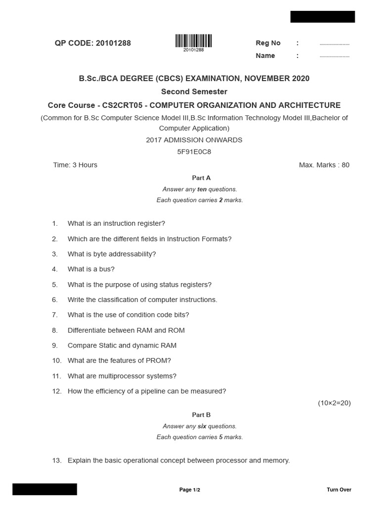 BSC Bca 2 Sem Computer Organization and Architecture 20101288 Nov 2020 | PDF | Computer Data ...