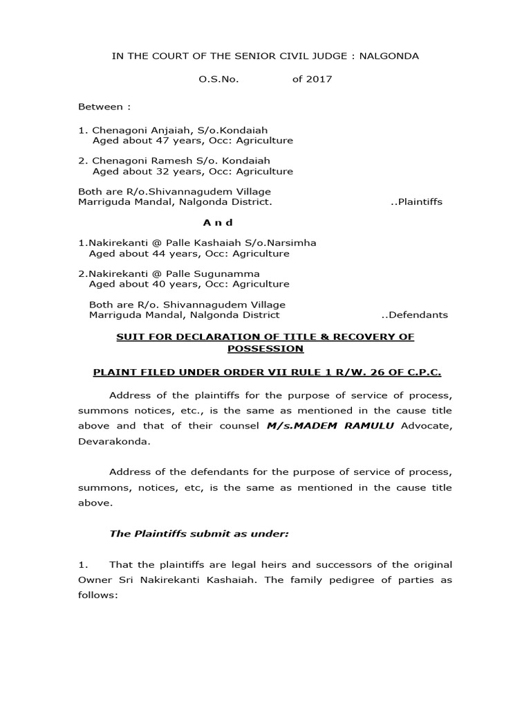 Title Declaration & Possession Suit Nalgonda | PDF | Lawsuit | Affidavit