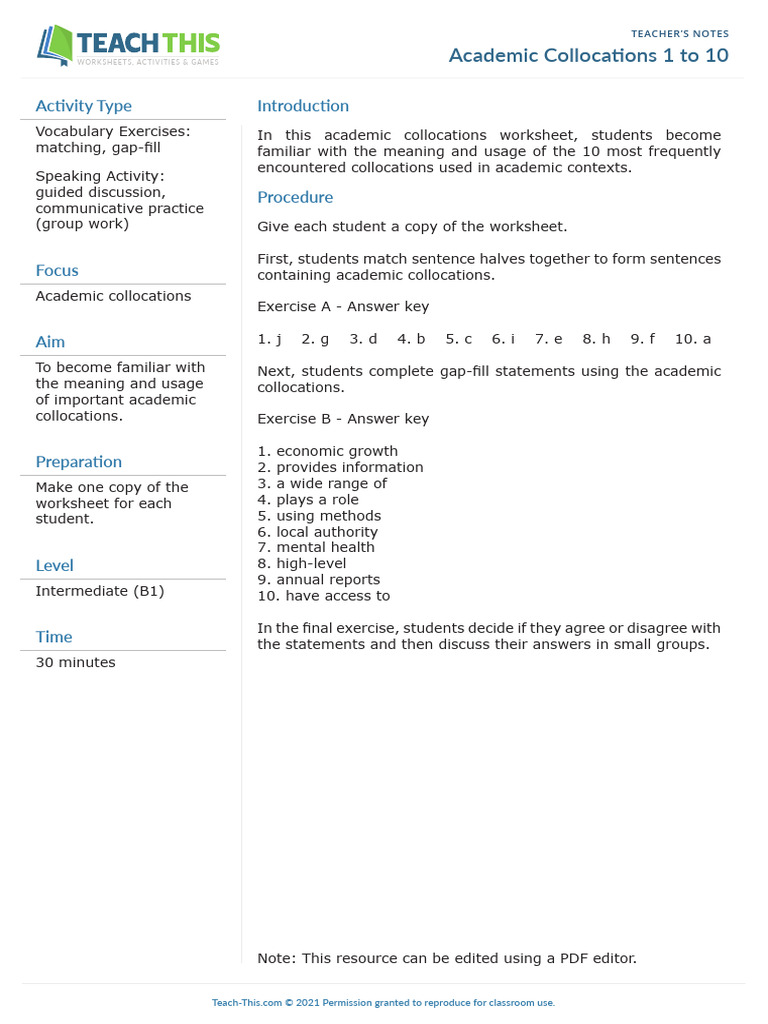 Academic Collocations 1 To 10 | PDF