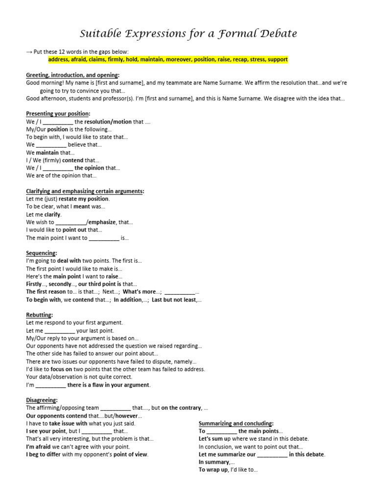 Formal Debate Expressions Guide | PDF