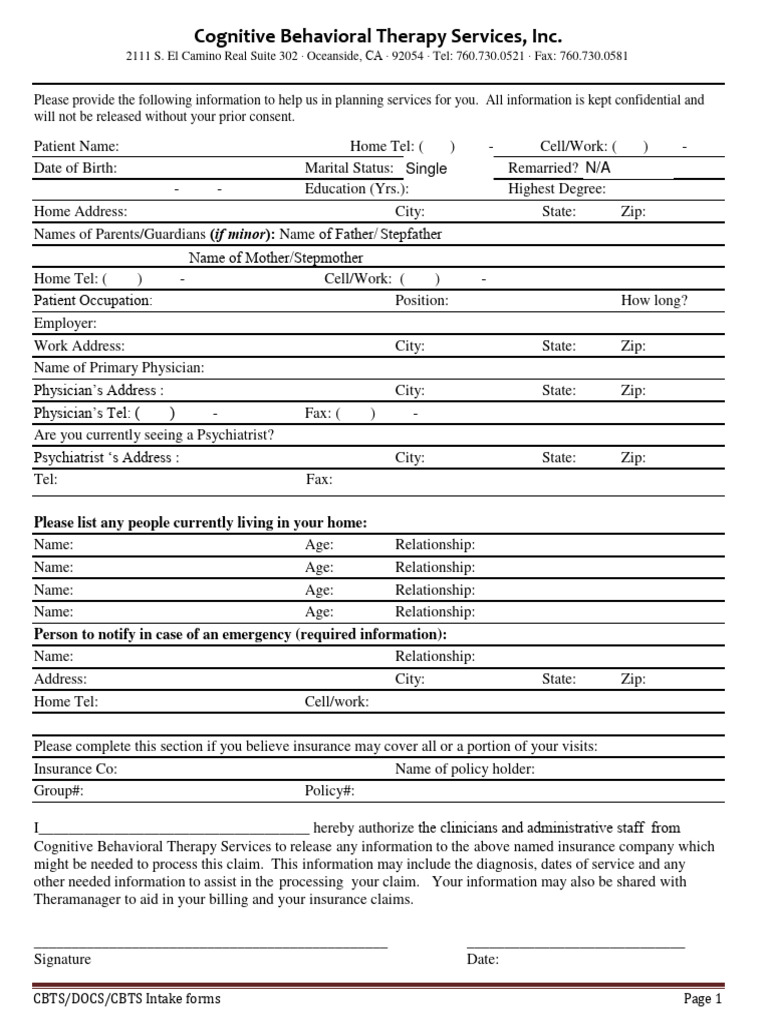Patient Intake Questionnaire (PIQ) | PDF | Cognitive Behavioral Therapy | Substance Abuse