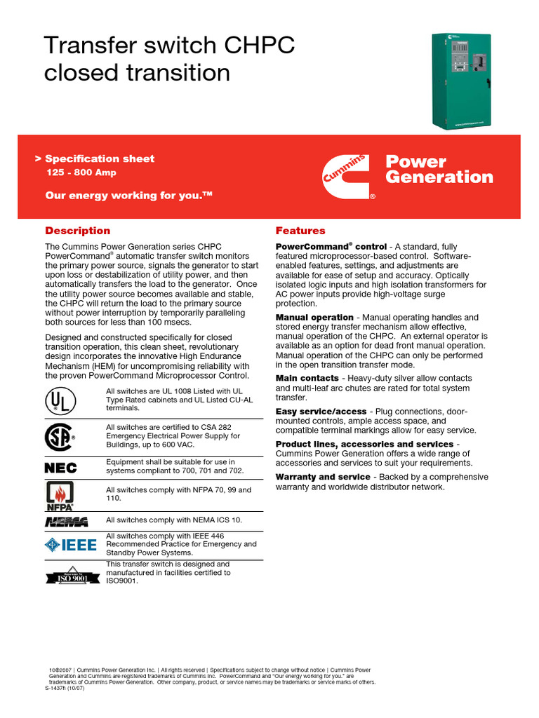 Transfer Switch CHPC Closed Transition: Description Features | PDF ...