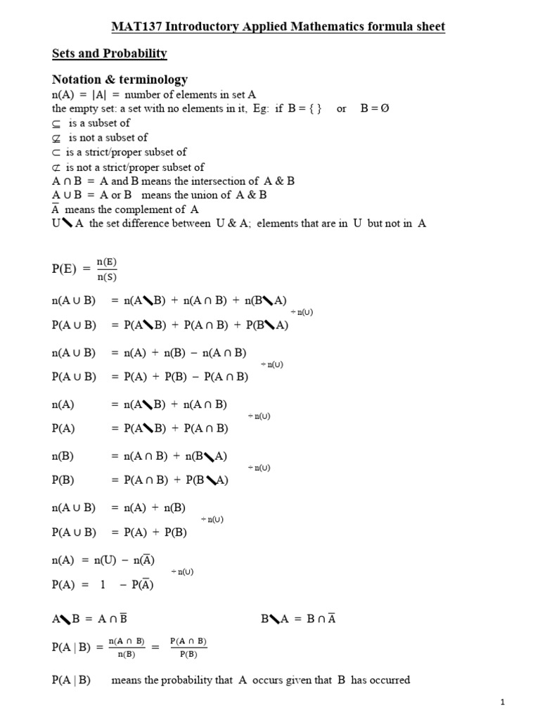 MAT1137 Formula Sheet | PDF | Intersection (Set Theory) | Mathematical Objects