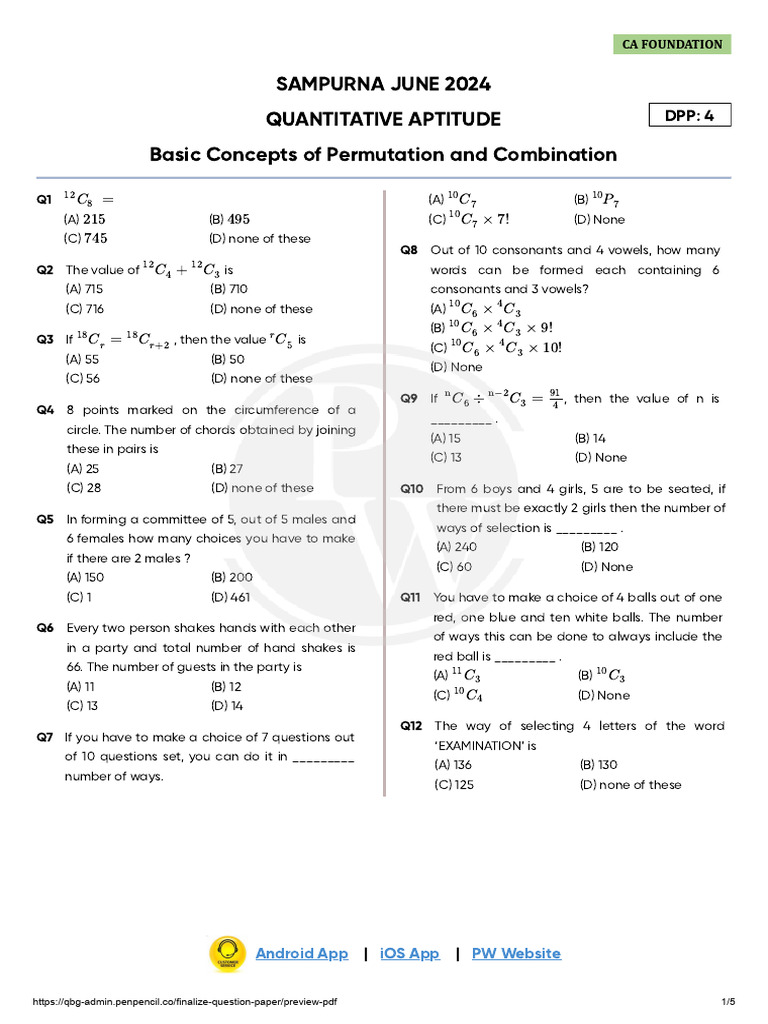 Basic Concepts of Permutation and Combination - DPP 04 (Quantitative Aptitude) | Download Free ...