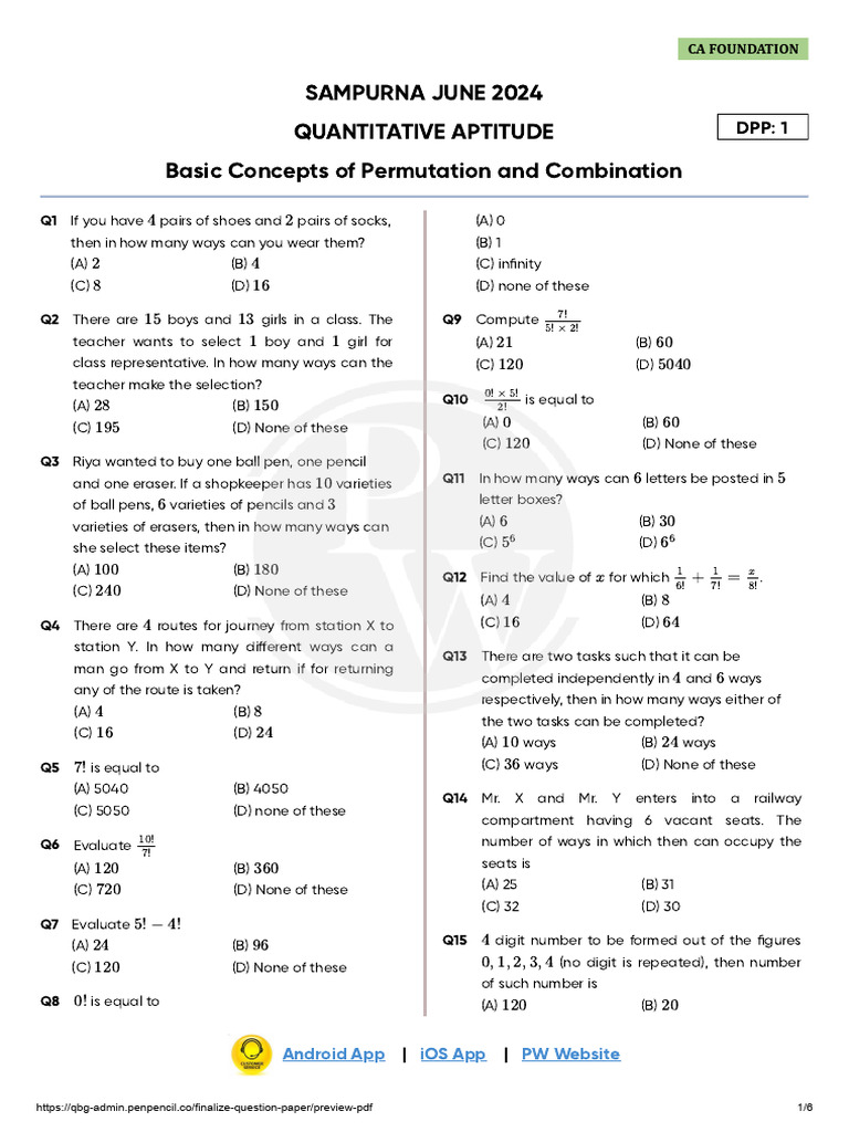 Basic Concepts of Permutation and Combination - DPP 01 (Quantitative Aptitude) | PDF | Mathematics