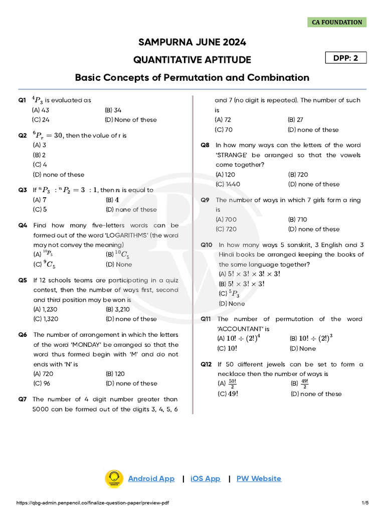 Basic Concepts of Permutation and Combination - DPP 02 (Quantitative Aptitude) | PDF