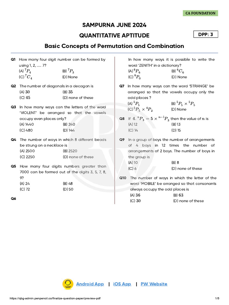 Basic Concepts of Permutation and Combination - DPP 03 (Quantitative Aptitude) | PDF | Linguistics