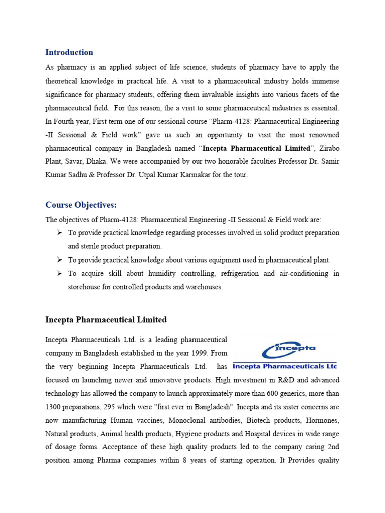 Incepta Pharmaceutical Industry Visit Insights | PDF | Absorption ...