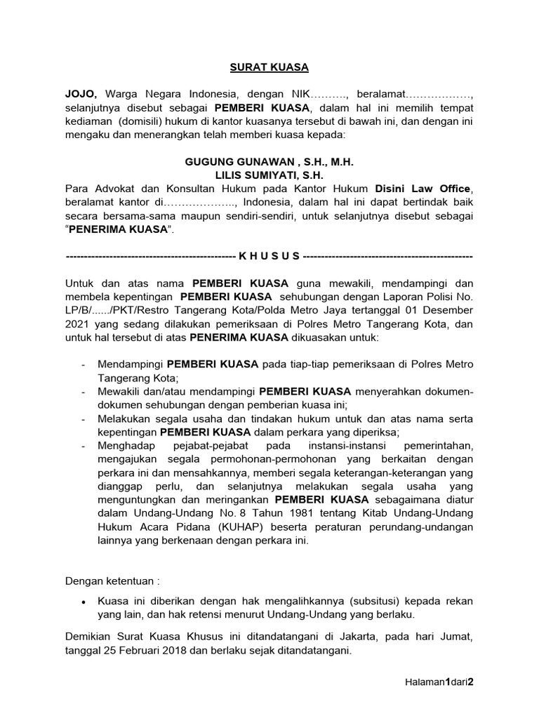 Surat Kuasa Khusus untuk Advokat | PDF | Politik