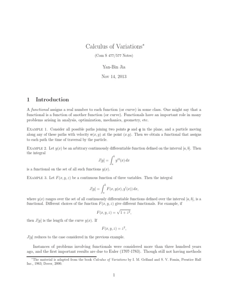 Calculus of Variations Yan Bin Jia | Download Free PDF | Function (Mathematics) | Calculus Of ...