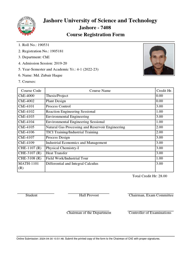 Jashore University of Science and Technology: Jashore - 7408 Course Registration Form | PDF