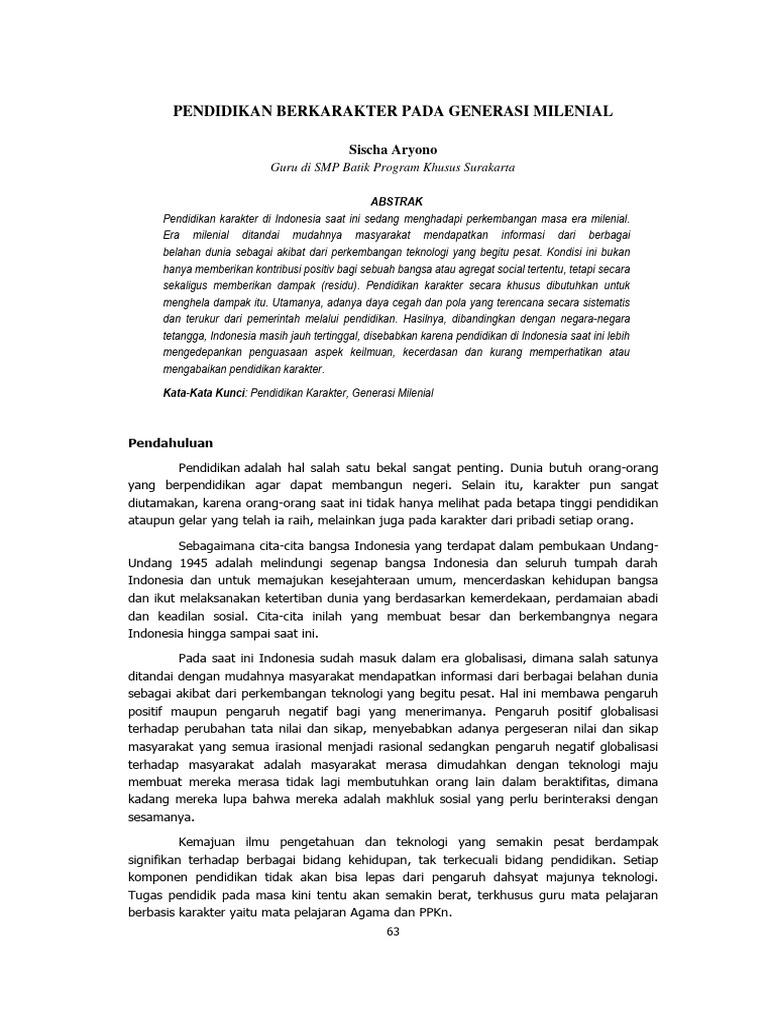 Sischa Aryono Pendidikan Berkarakter Pada Generasi Milenial | PDF