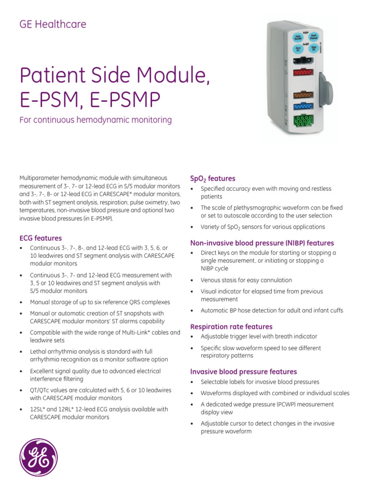 Patient Side Module, E-PSM, E-PSMP | PDF | Electrocardiography | Blood ...