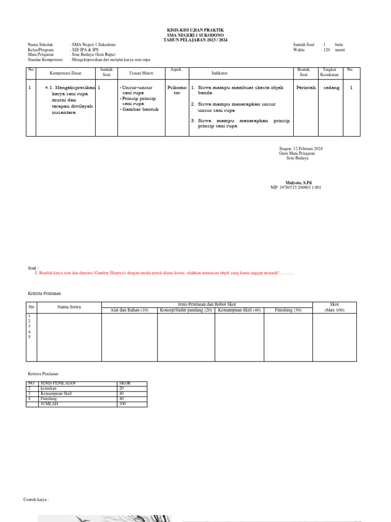 Kisi Kisi Ujian Praktek Seni Budaya 2024 | PDF