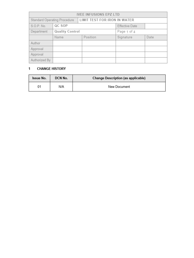 Sop For Testing Iron | PDF | Mass Concentration (Chemistry)
