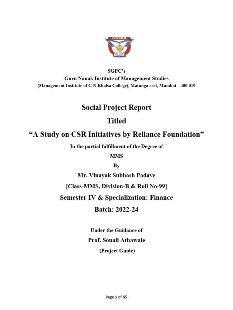 Social Project A study on CSR Initiative by Reliance Industries | PDF ...