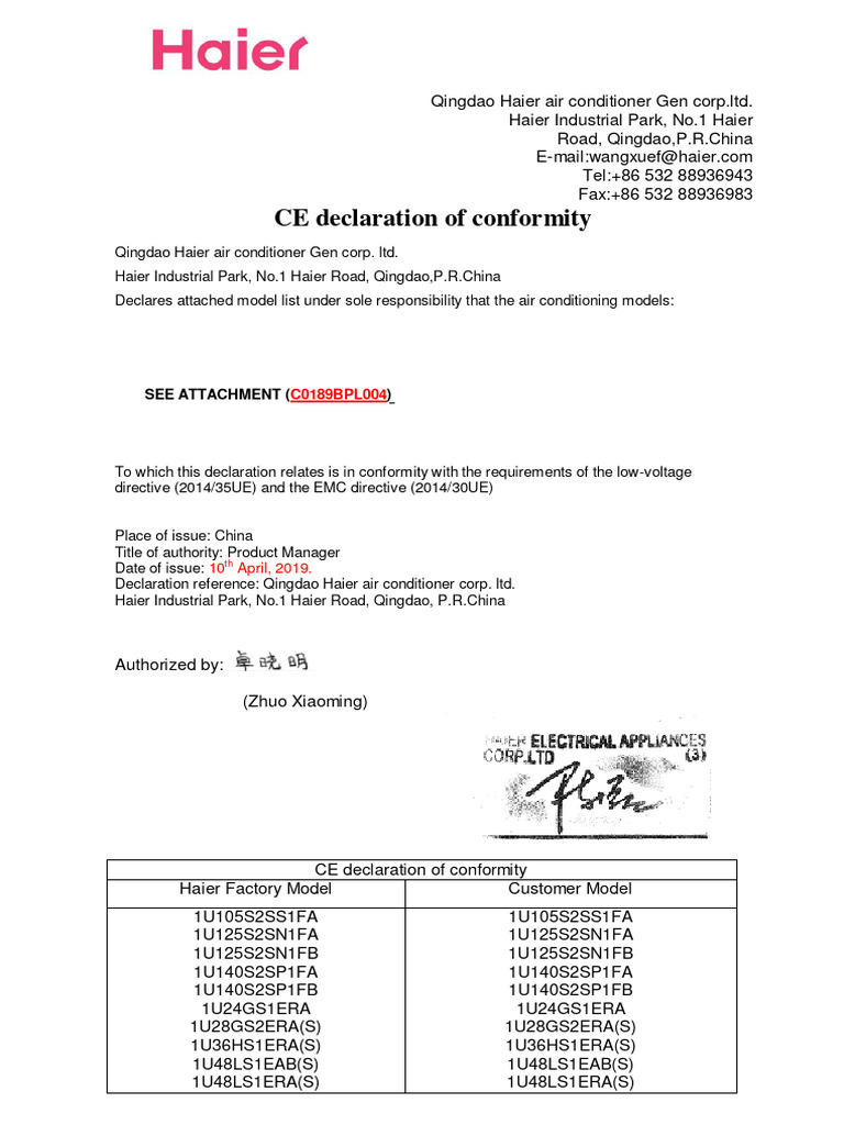Haier Air Conditioner CE Declaration | PDF | Manufactured Goods ...