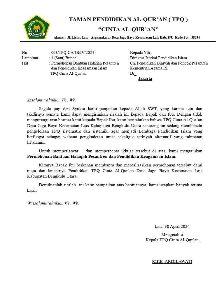 Permohonan Bantuan TPQ Cinta Al-Qur'an | PDF